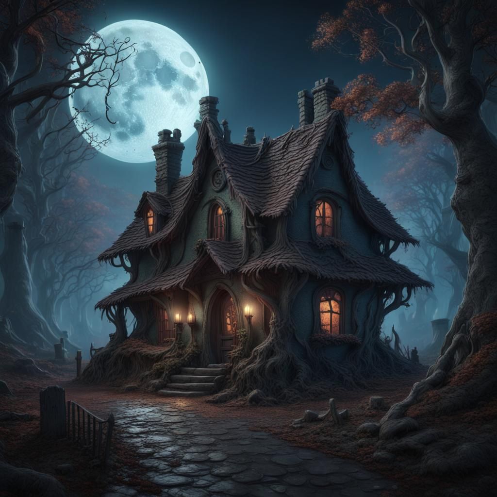 A scary Witches Cottage in a Haunted Forest , Full moon , insane ...