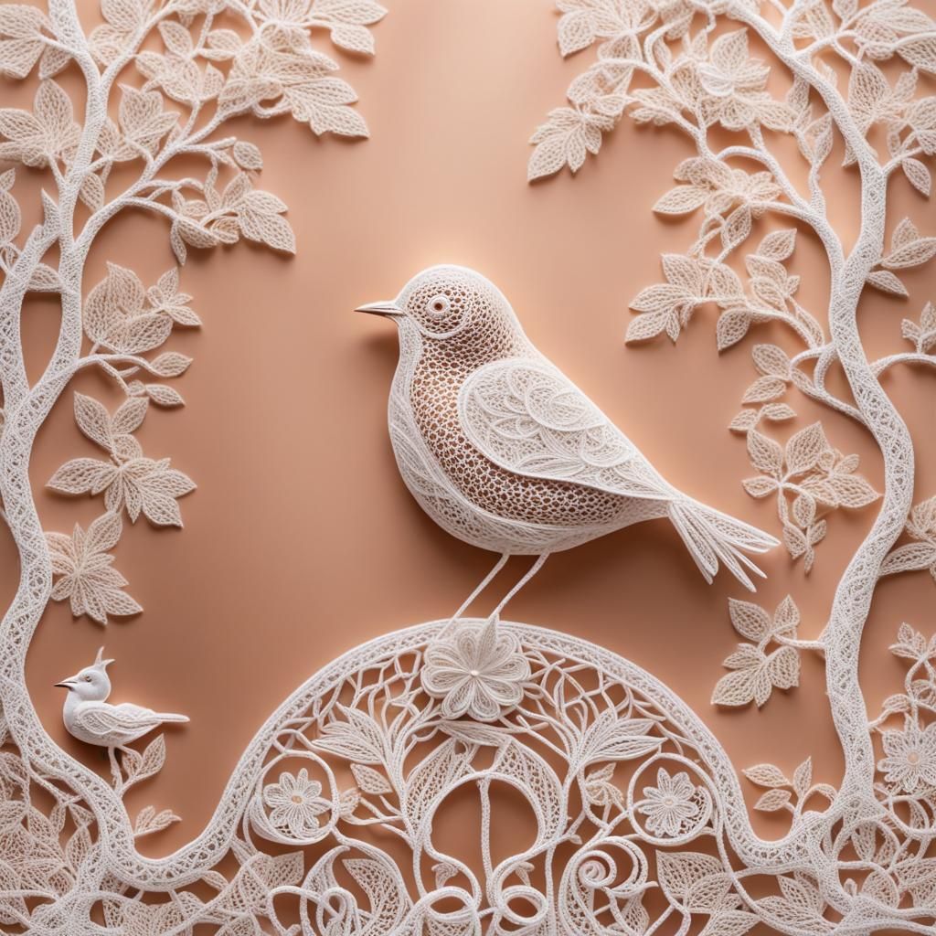 landscape made of artistic lace and lace bird sits on the lace tree ...