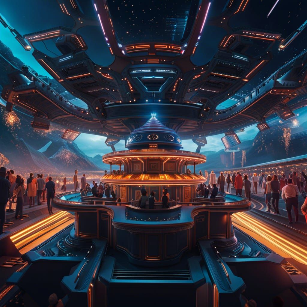 festival in a spaceship with people dancing to a DJ - AI Generated Artwork - NightCafe Creator