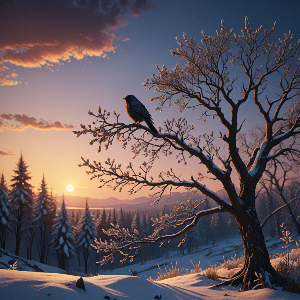 Surreal Winter Scene with Lone Bird in Soft, Cinem... - AI Art
