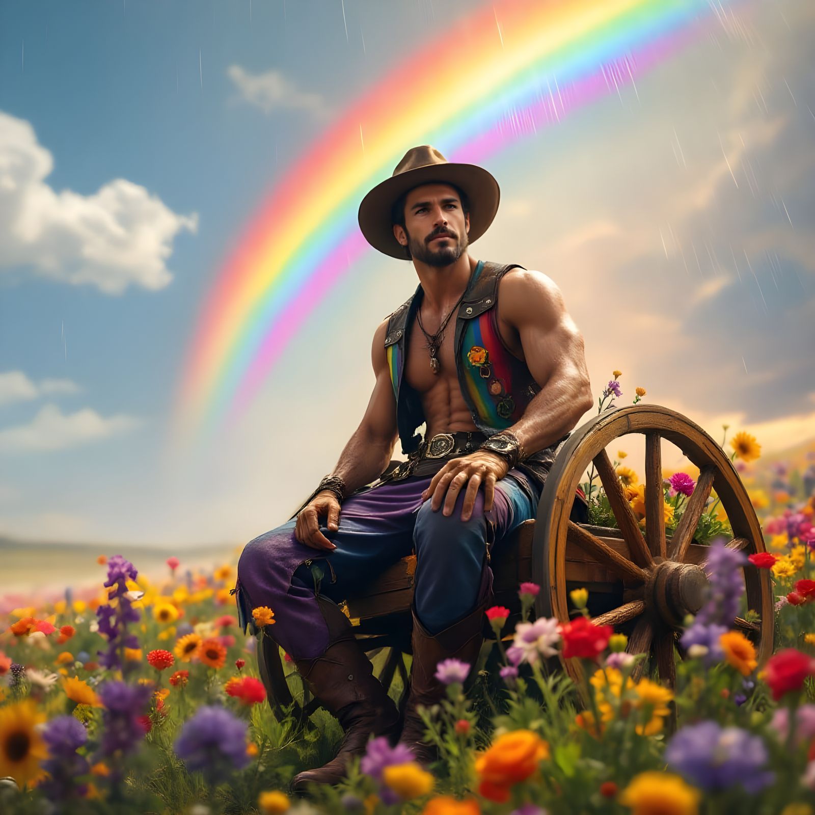 rainbow cowboy - Handsome Cowboy Surrounded by Vibrant Sprin...