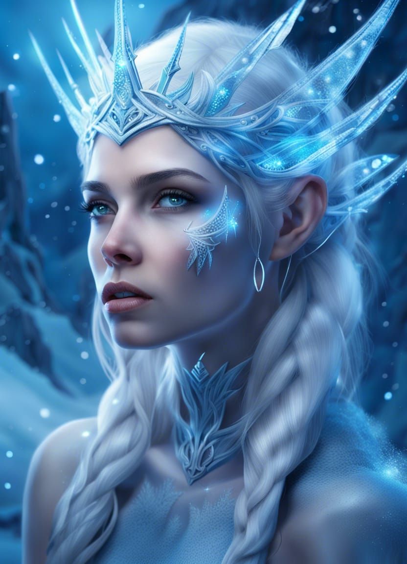 portrait of a snow queen elf warrior with icicle tiara, snowy landscape ...