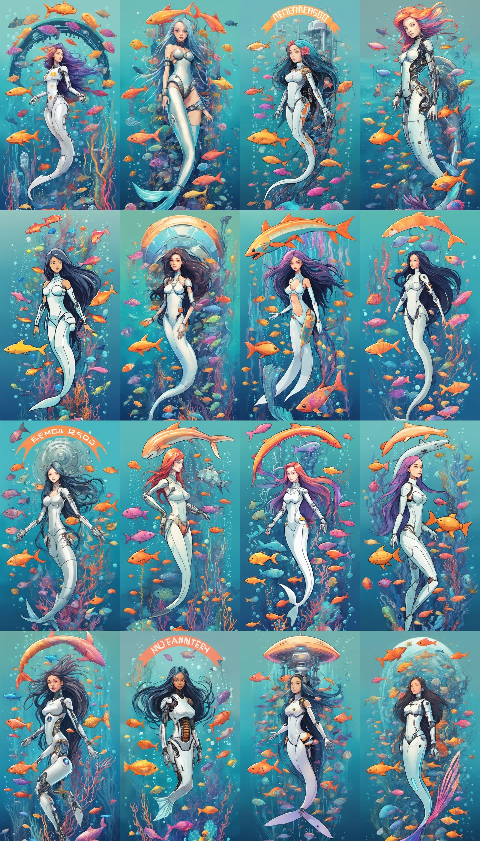 a cybernetic robot mermaid with a very long metallic robotic shark tail ...