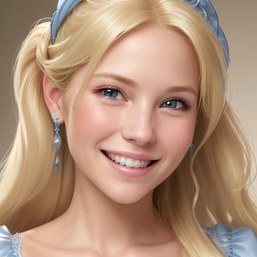 Close-up portrait of older Cinderella's beautiful smiling face, showing ...