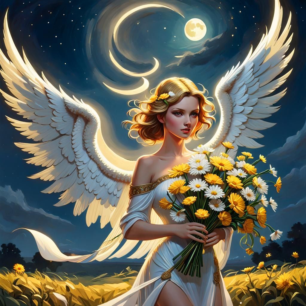 A beautiful sparkling angel is holding a blooming bouquet of flowers in ...