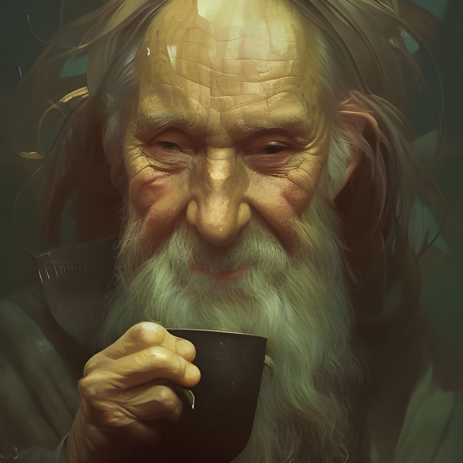 A friendly old wizard sitting in his magical hut, drinking tea - AI ...