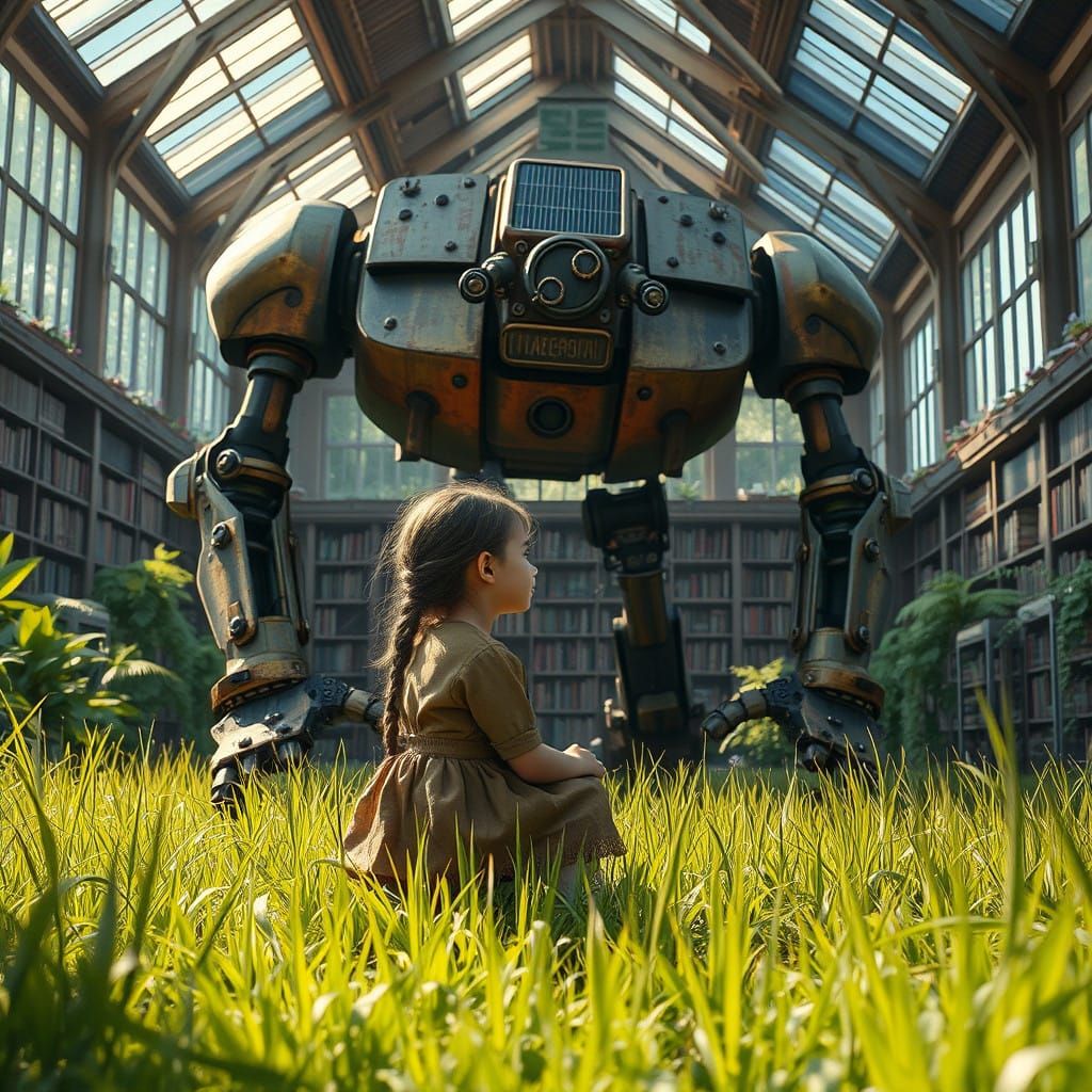 Solarpunk - Solarpunk Girl and Steampunk Robot in Gentle Aff...