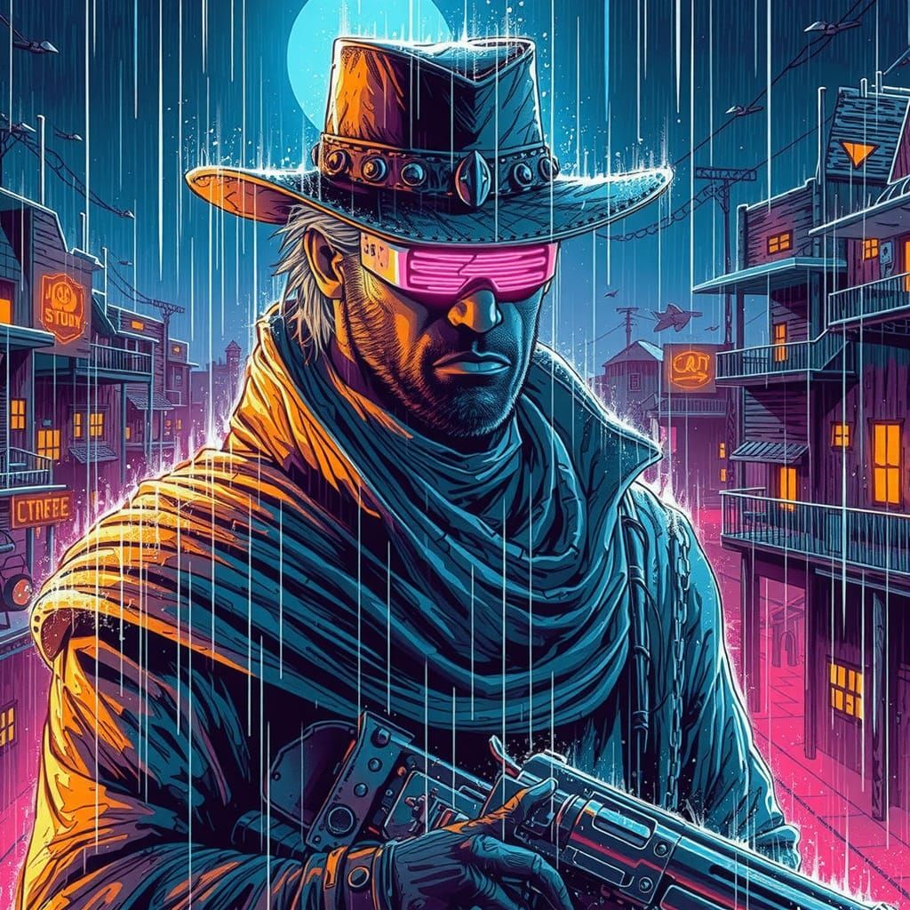 Cyberpunk Assassin 4 - Cyberpunk Cowboy Assassin in Neon Rai...