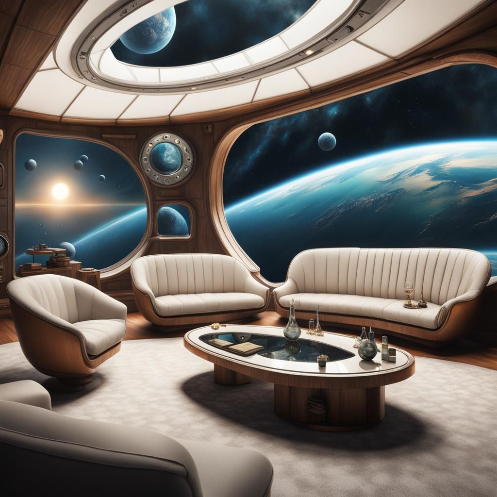 Interior of a spaceship/comfortable living room with portholes ...