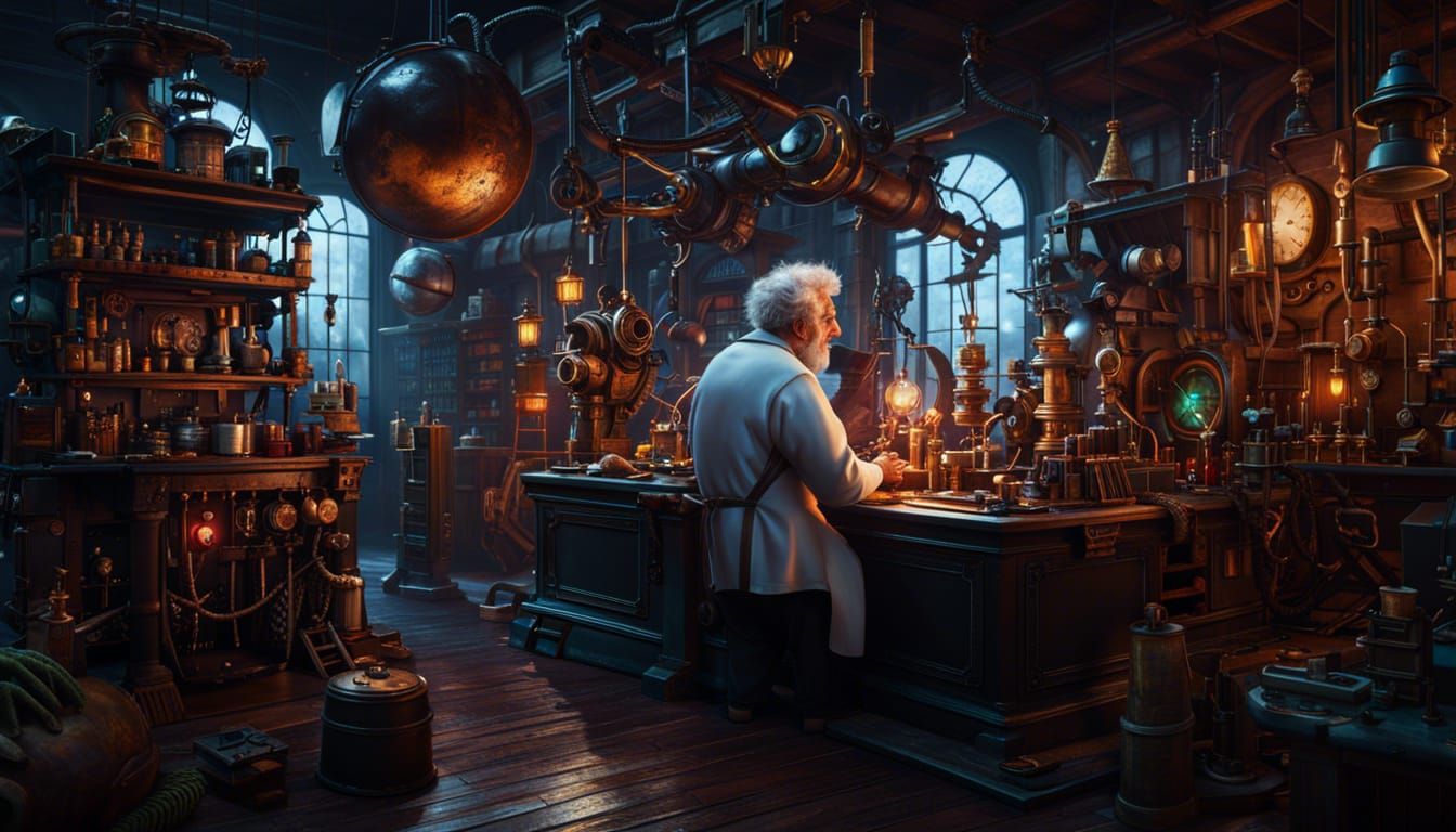 Mad scientist surrounded by his crazy inventions - AI Generated Artwork ...