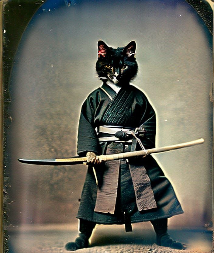 Samurai Cat, With Katana Sword. 19th Century Colorized Tintype - AI ...