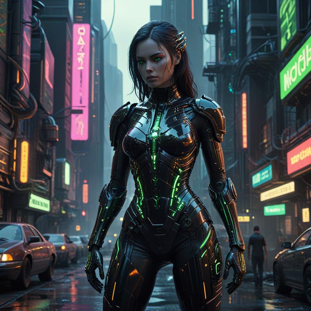 Cybernetic Girl Stands in Futuristic Cityscape at ... - AI Art