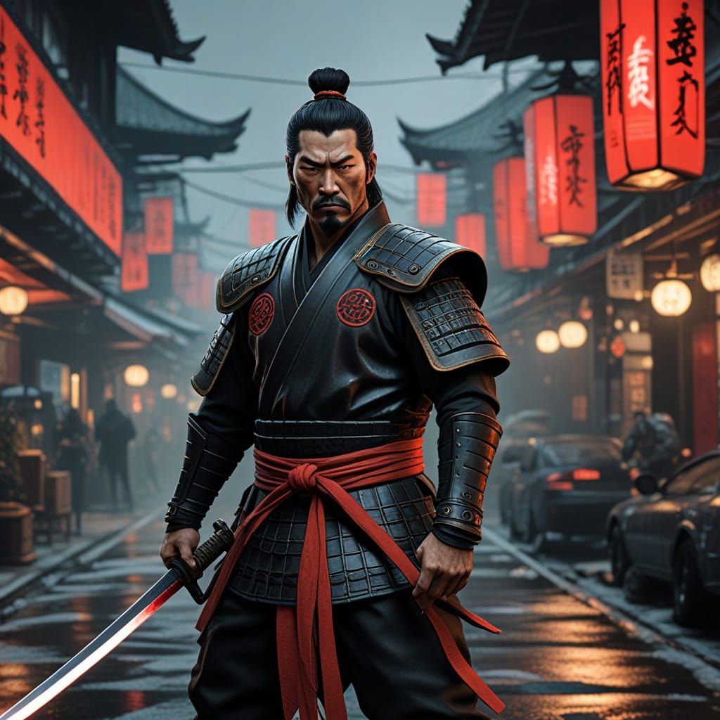 Imposing Samurai Warrior in Dramatic Pose - AI Art
