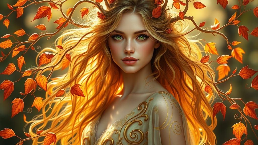 A photo of a 23-year-old dryad with porcelain-like skin and hair that ...