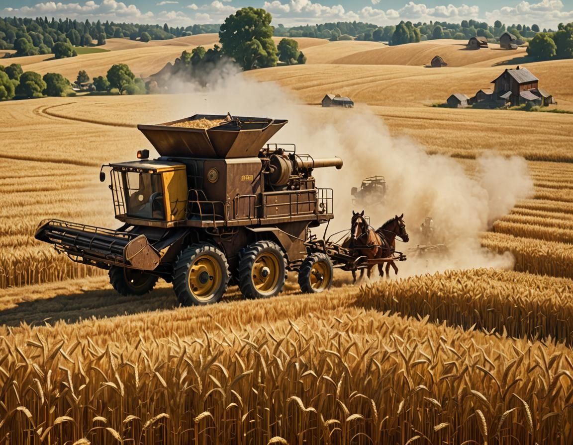Historic 1930’s horse drawn combine harvester harvesting the wheat 1930 ...