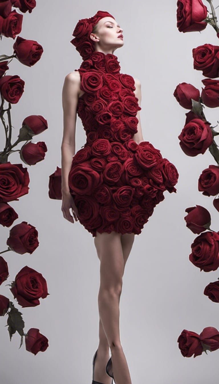 lanky model giant deep red Rose sculpture inspired dress style of ...