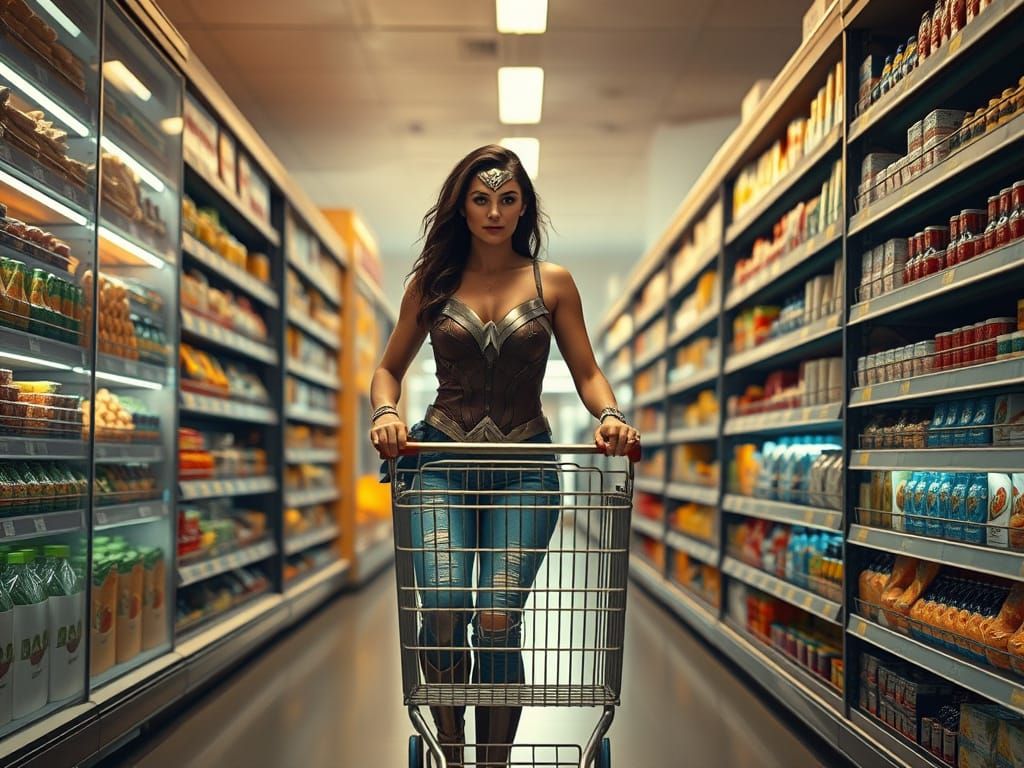 3D digital art. Wonder Woman wearing jeans and a blouse, pushing a cart ...