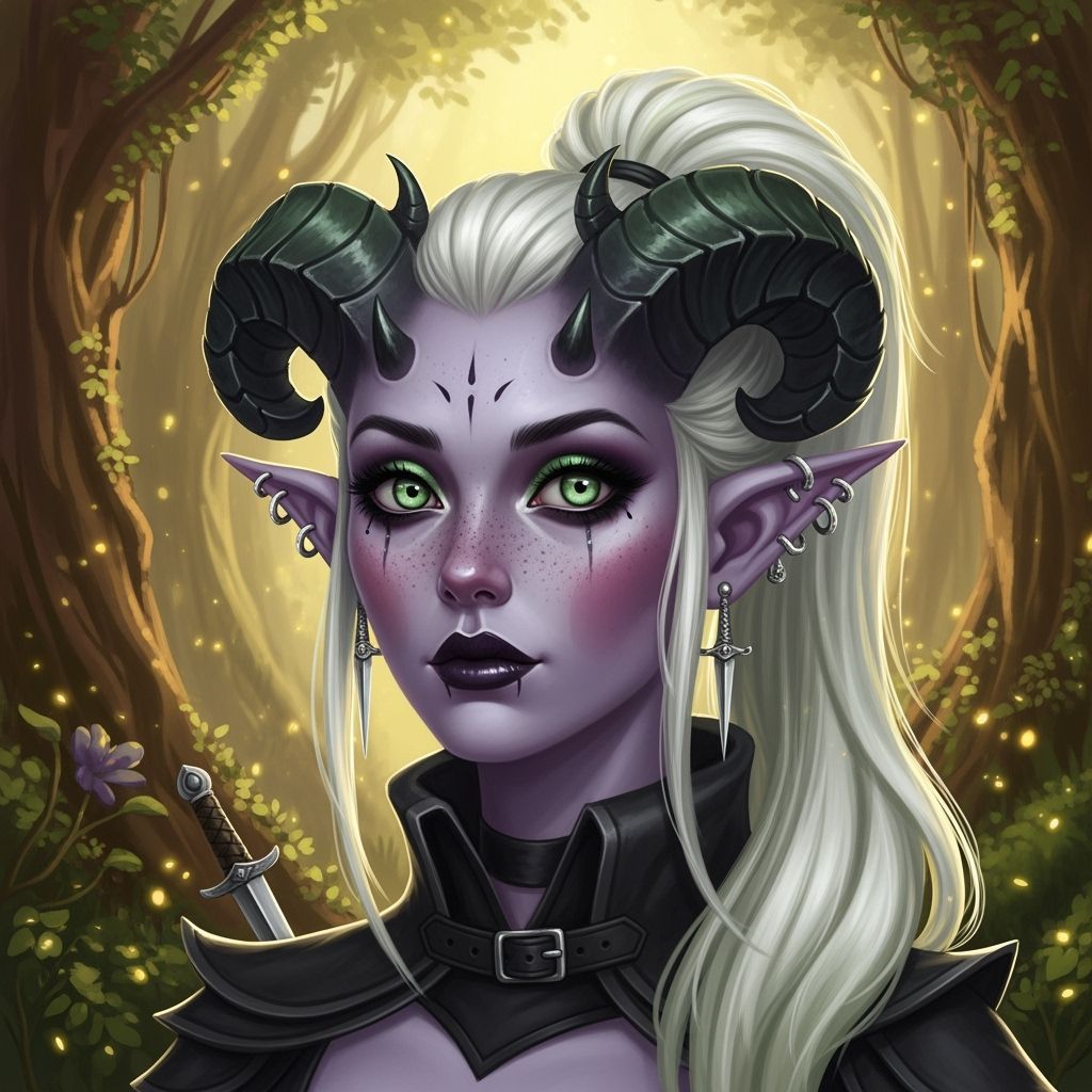 Tiefling Huntress in Lush Magical Forest - AI Art