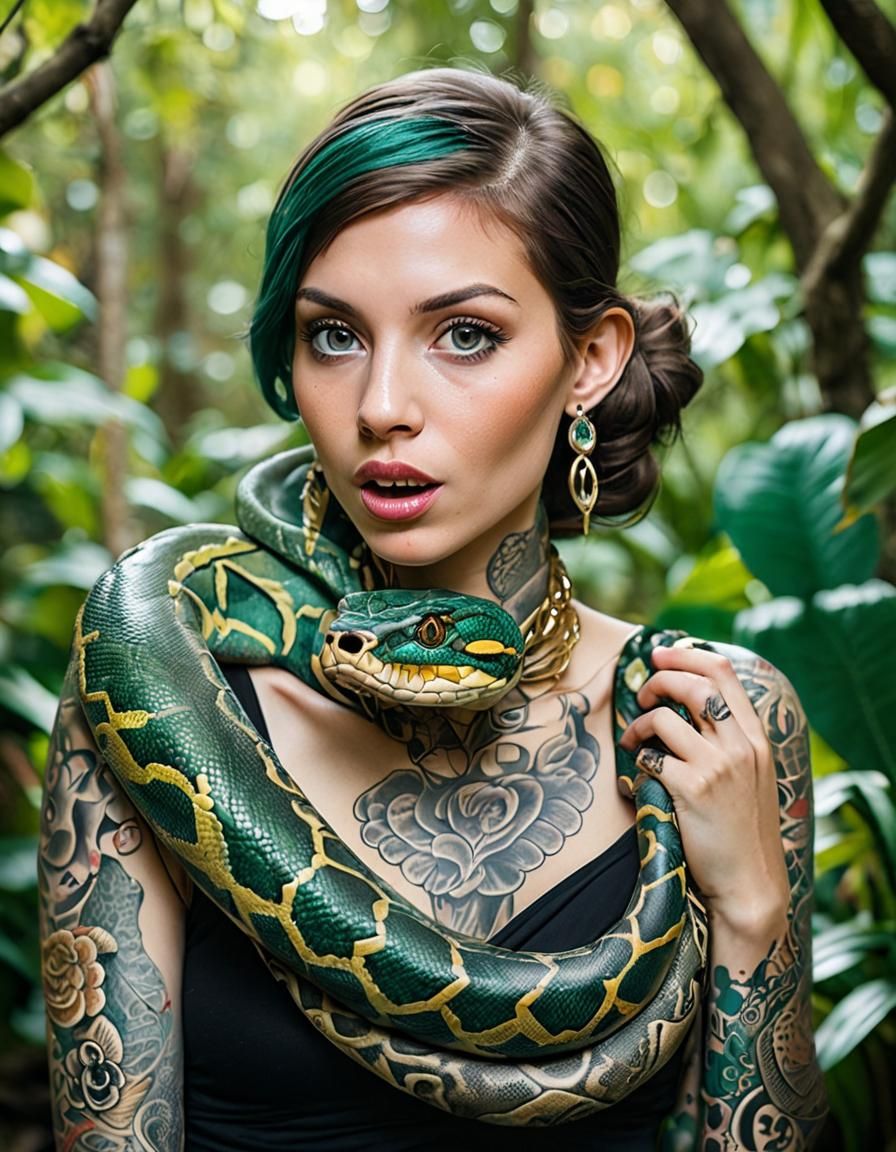 photograph, candid shot of a tattooed woman with an emerald reticulated ...