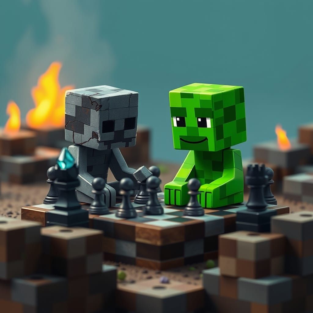 A Chess game in minecraft between a chibi creeper and a chibi zombie