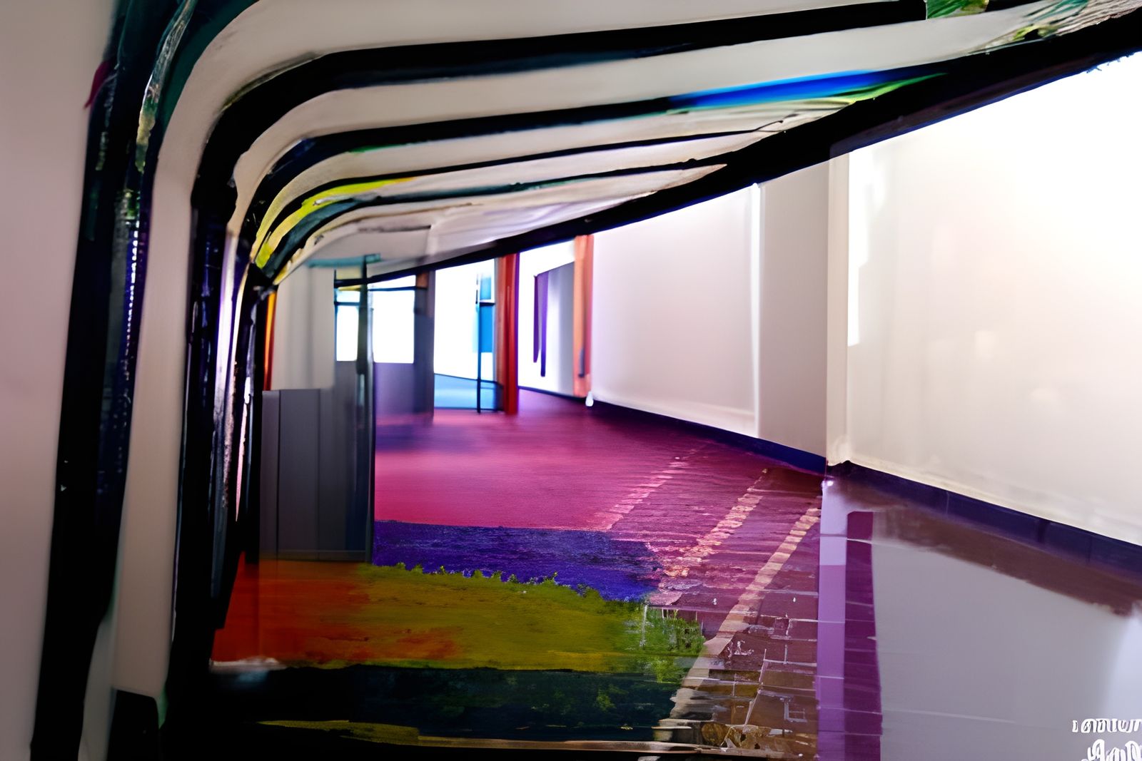 Liminal space of hallway with colour full windows - AI Generated ...