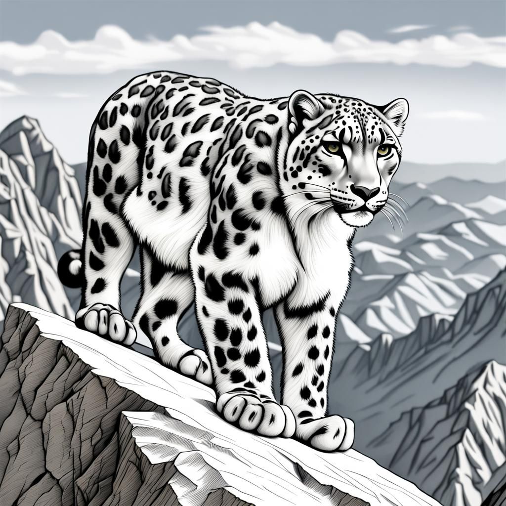 Line art drawing of a snow leopard on a mountain crag, 64k resolution ...