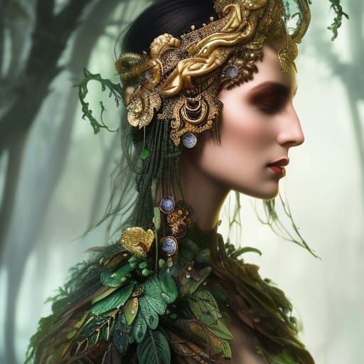 Beautiful Celtic priestess dressed in green velvet dress, in a mystical ...