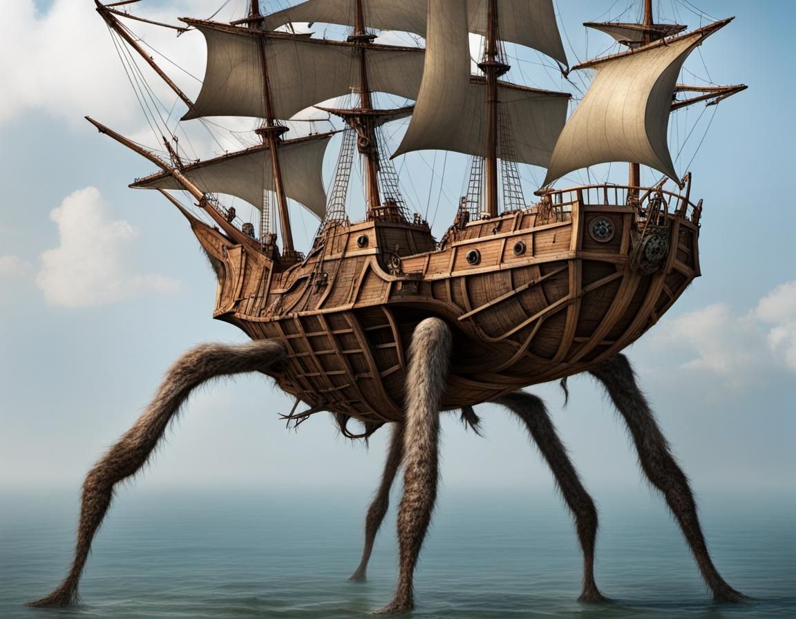 unconventional pirate ship, with hairy legs, built from the sweat of a ...