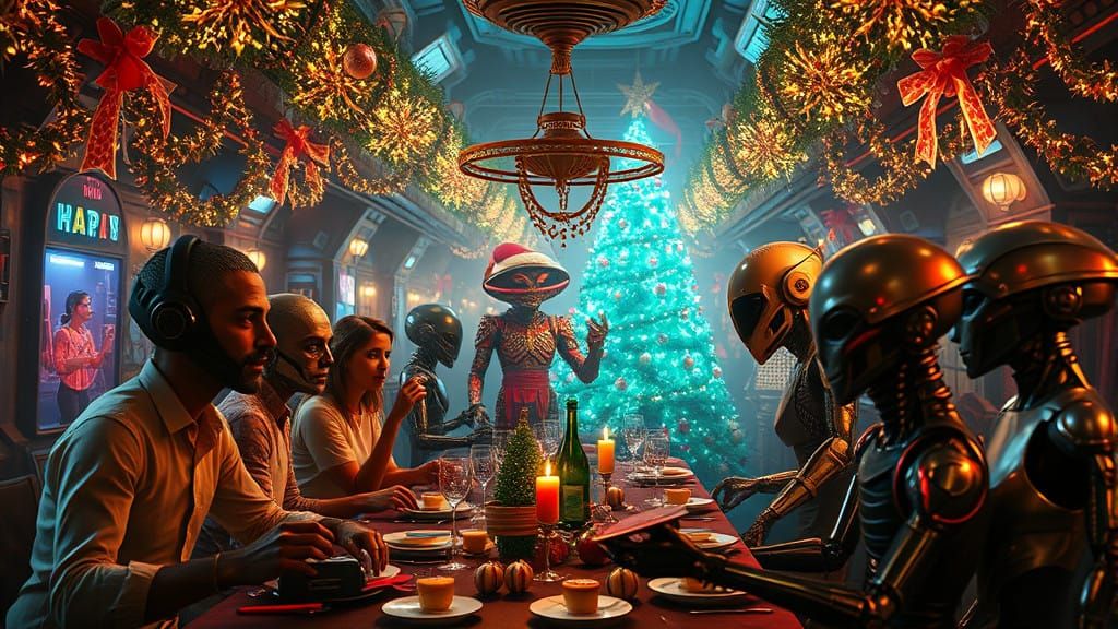 Galactic Christmas Celebration in Cyberpunk Realis... - AI Art