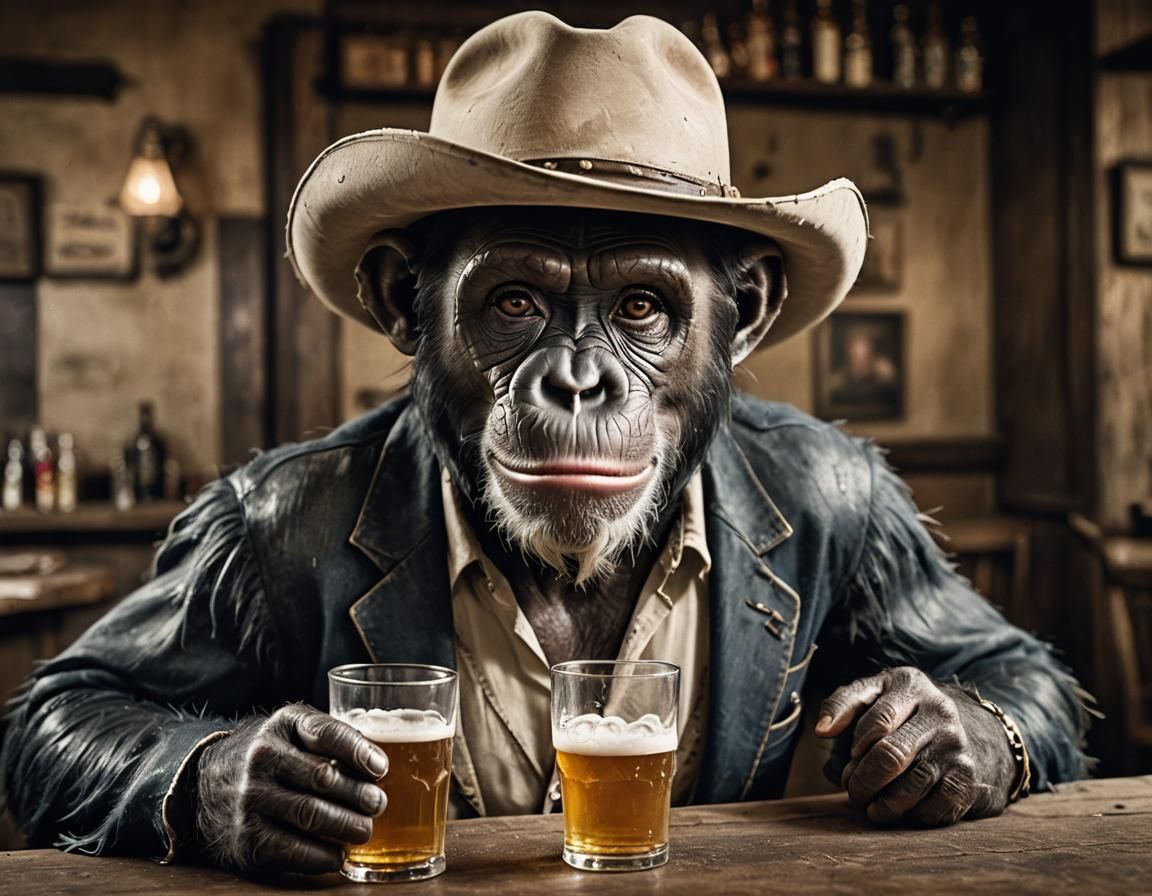 chimpanzee dressed as a cowboy wearing a stetson hat in a saloon ...