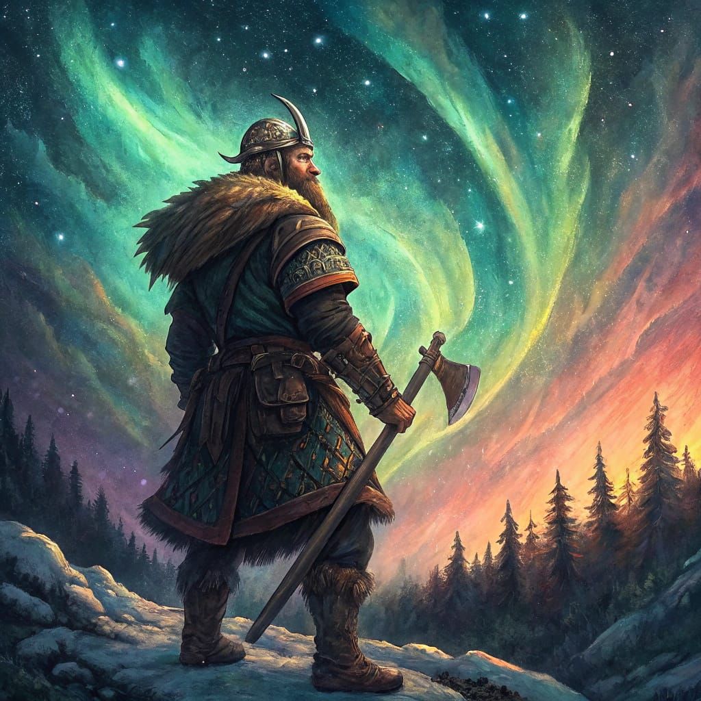 Viking Warrior Under Northern Lights in Gouache Im... - AI Art