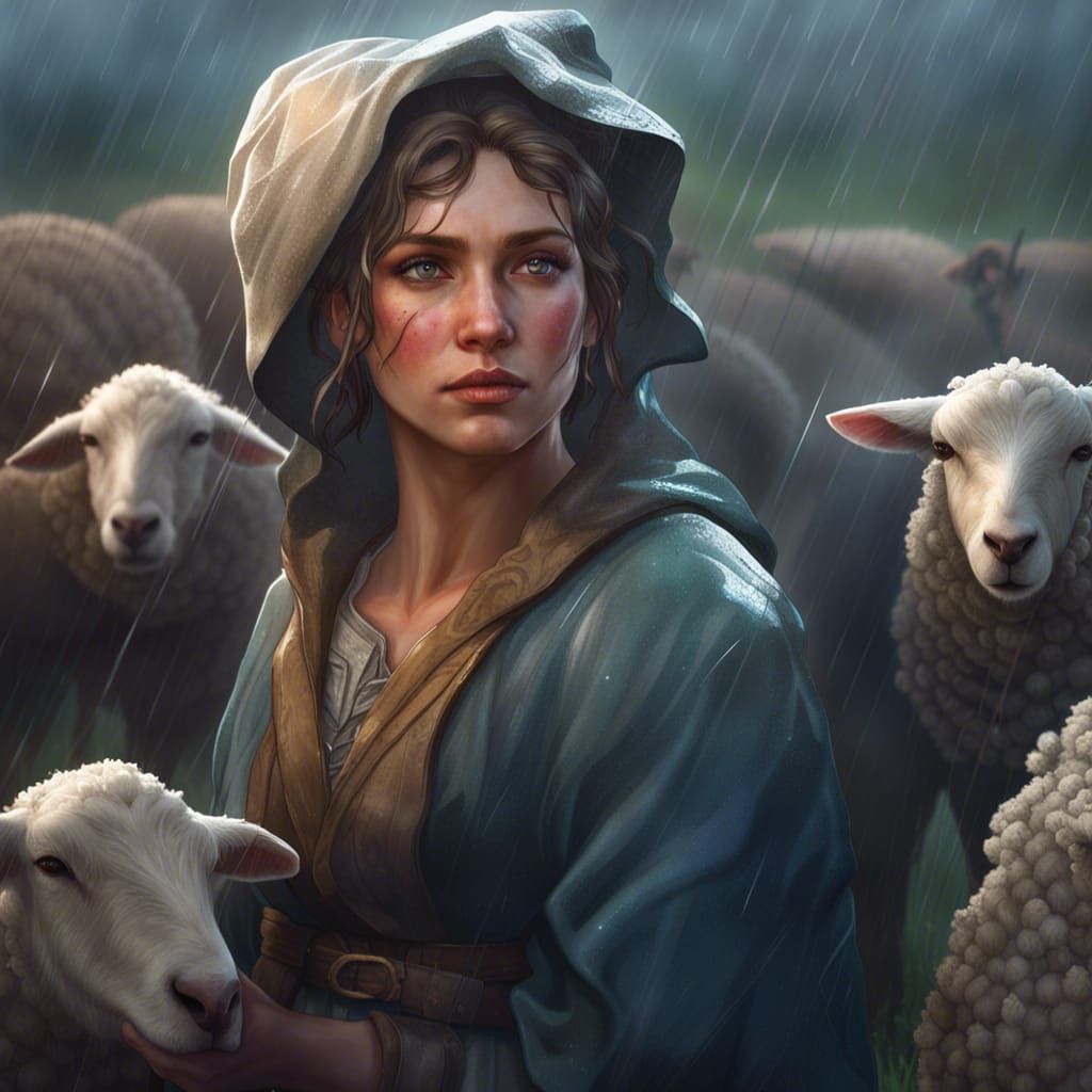 A very beautiful shepherdess in a field guarding her sheep in the ...