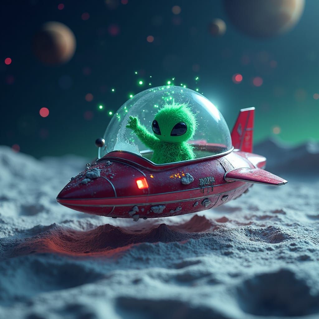 Alien Spaceship on Moonlit Night Sky - AI Art