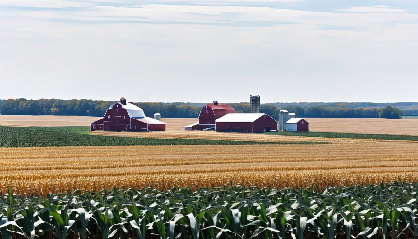 a large farm house and barn buildings with large farm equipment. Large ...