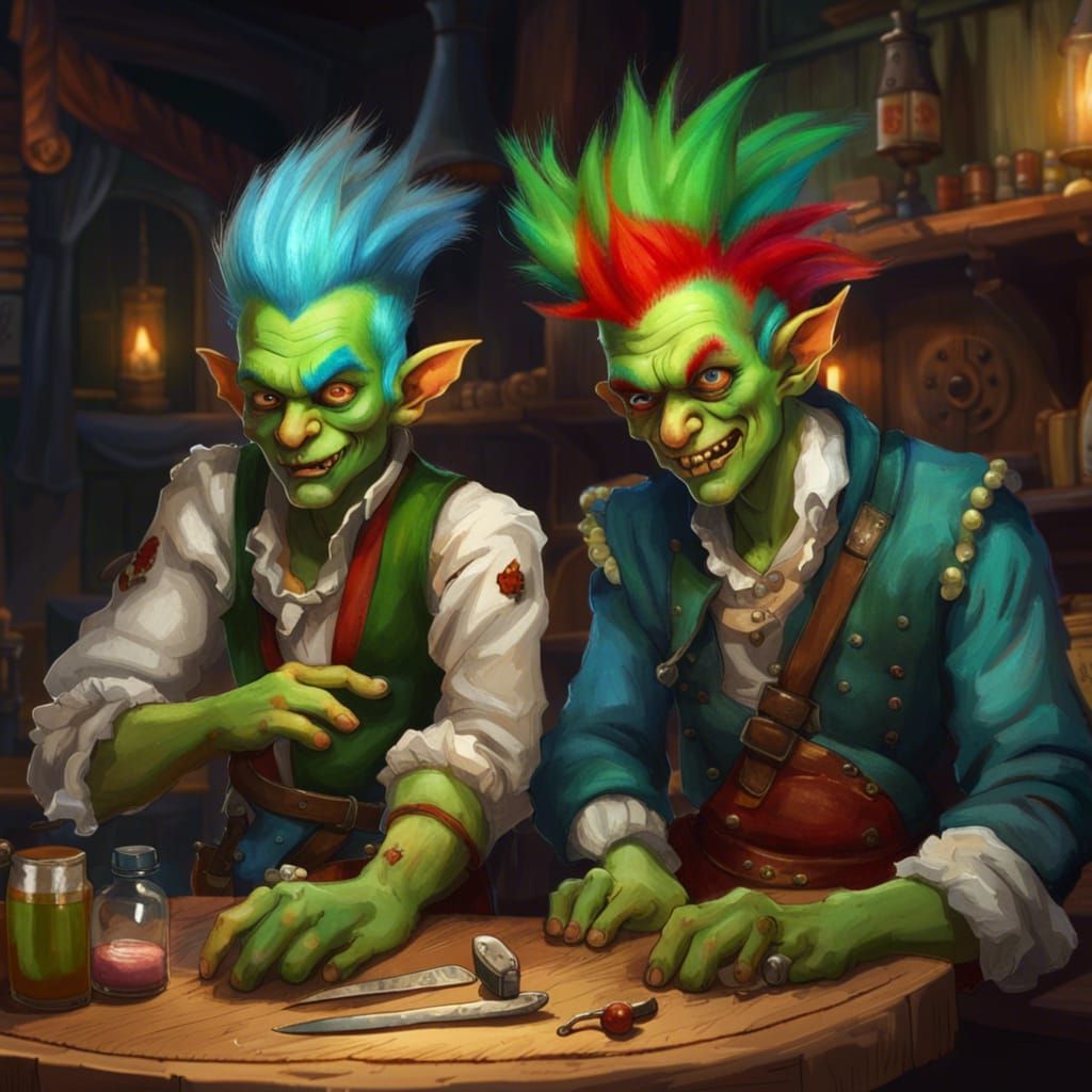Two green-skinned goblins. Identical twin brothers playing a knife game ...