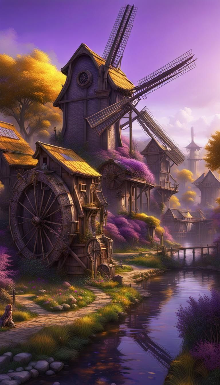 Mill at the violet stream - AI Generated Artwork - NightCafe Creator