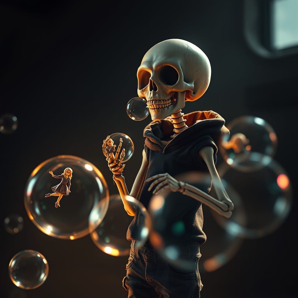A skeleton boy blowing bubbles. There is micro, miniature, zombie girls inside the bubbles