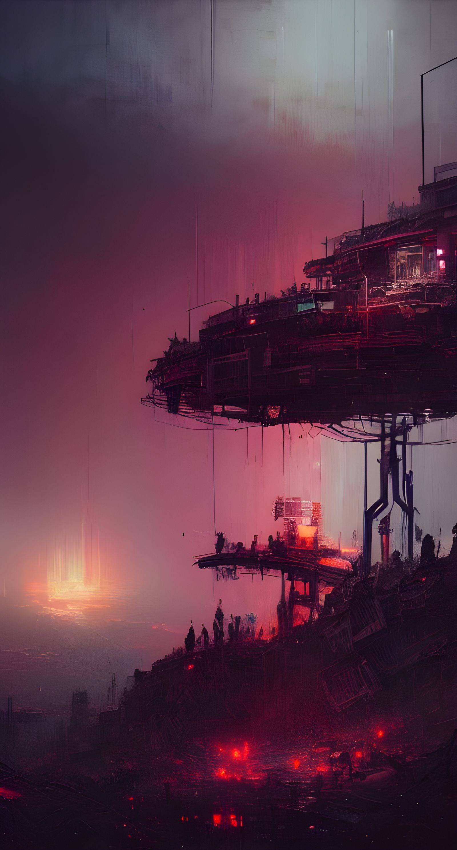 post apocalyptic neon structure on top of mountain nightime, an ...