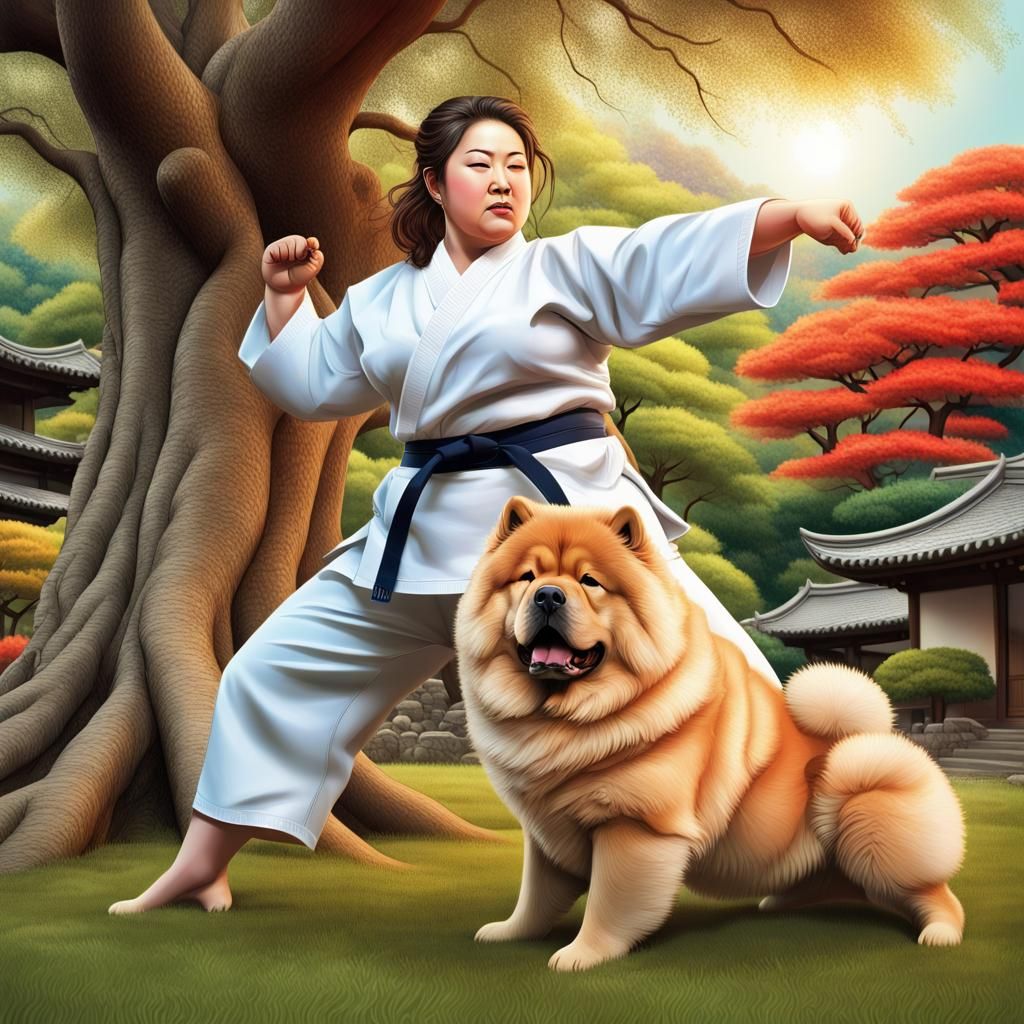 A beautiful chubby woman training karate in a japanese garden, a chow ...