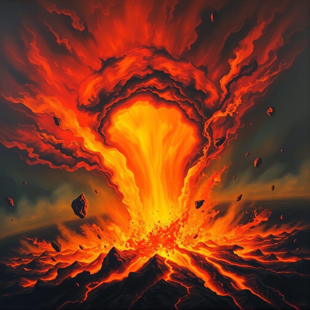 A fiery maelstrom of molten rock explodes against a bruised twilight sky, rendered in impasto ...