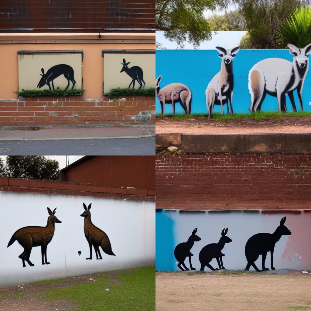 graffiti on a wall of 2 kangaroos asking for your help, in style of ...