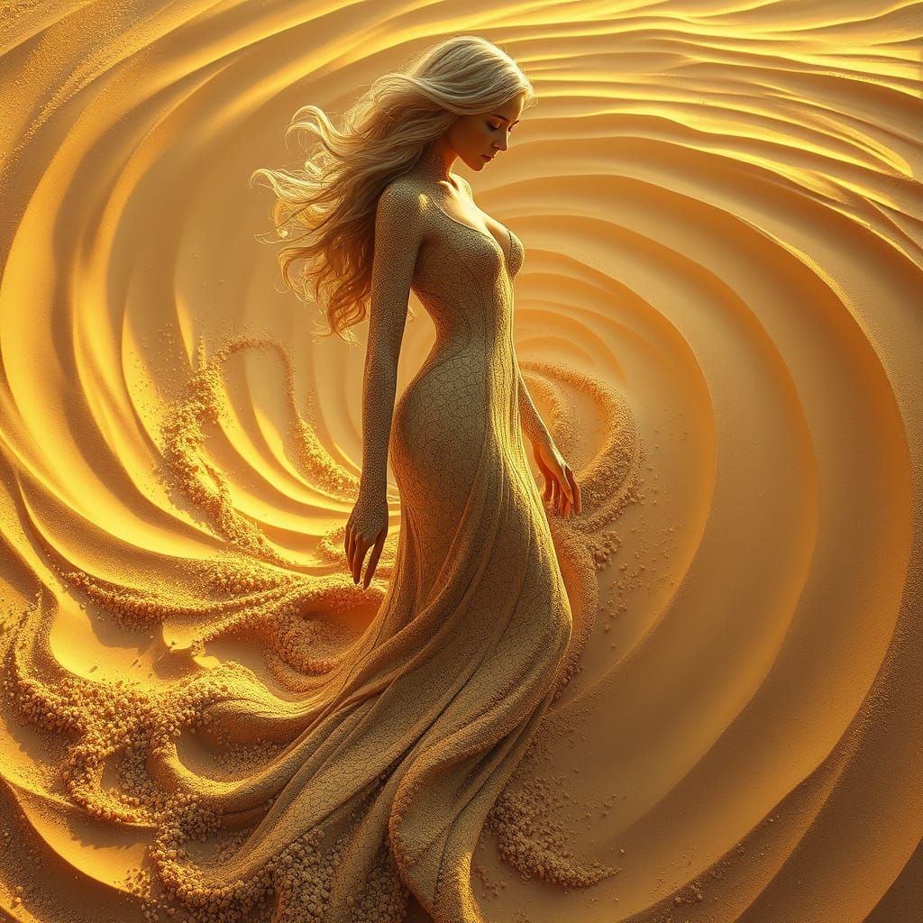 image shows a dreamlike scene of a woman made of undulating sand ...
