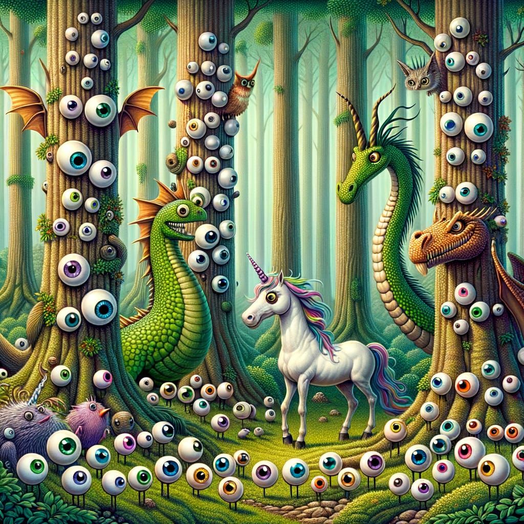 Googly-eyed fantasy forest, mystical creatures with oversized googly ...