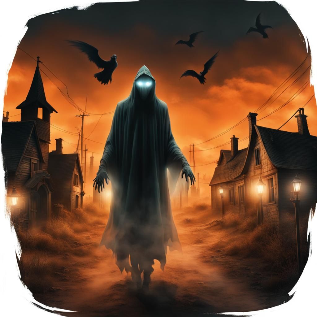 "Transparent evil ghost hovering over a spooky dark post-apocalyptic ...