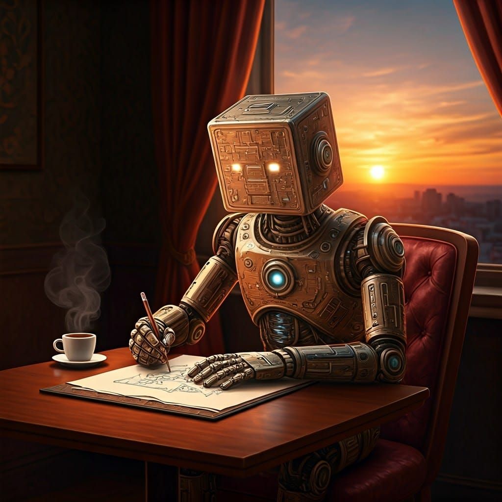 Robot sketching in the private nook at the NightCafe