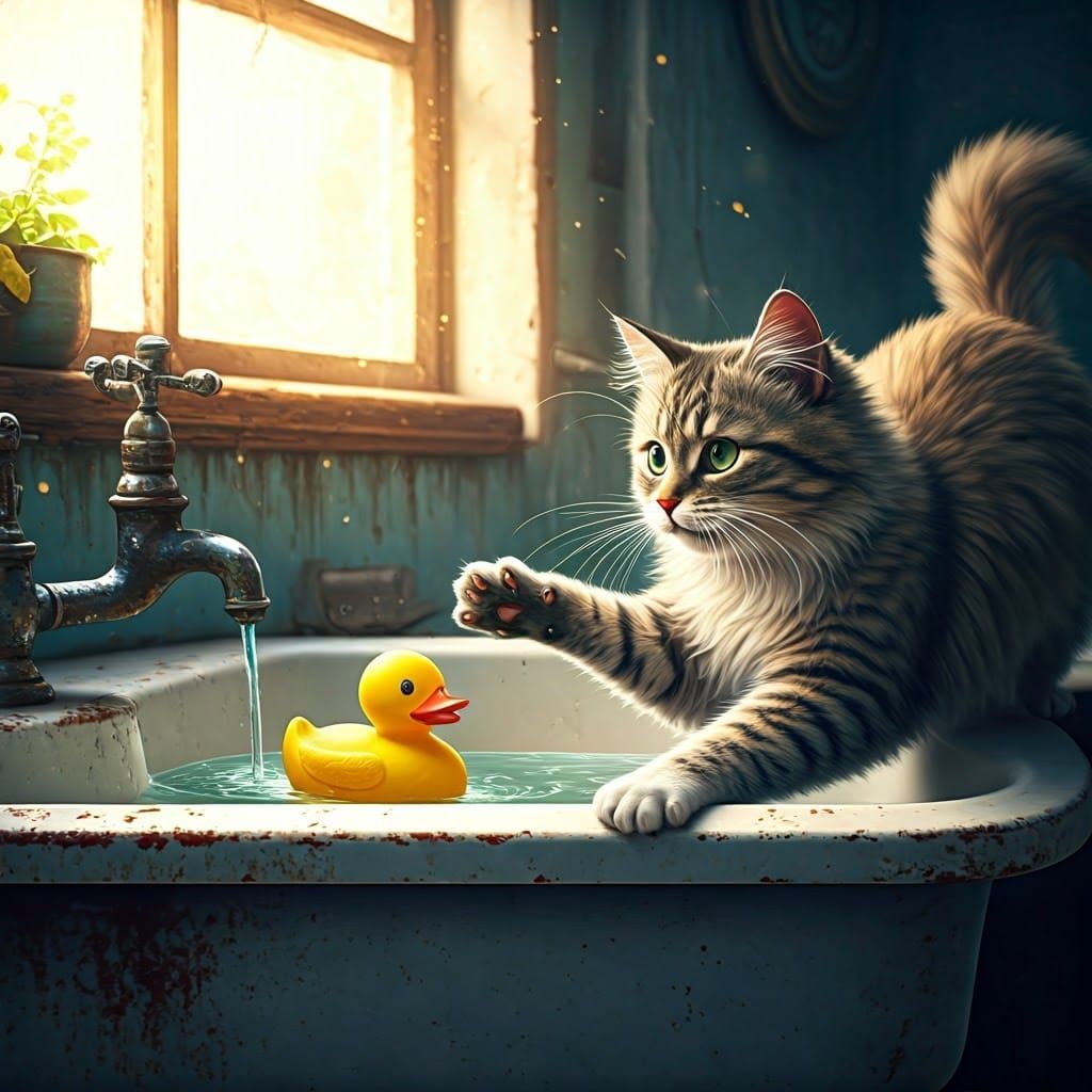 Fanciful Feline Chases Rubber Duck in Enchanted Ki... - AI Art
