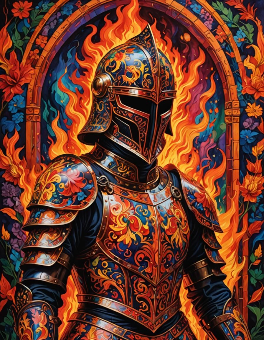 Fiery knight with beautiful helmet-mask, STYLE: fauvism - AI Generated ...