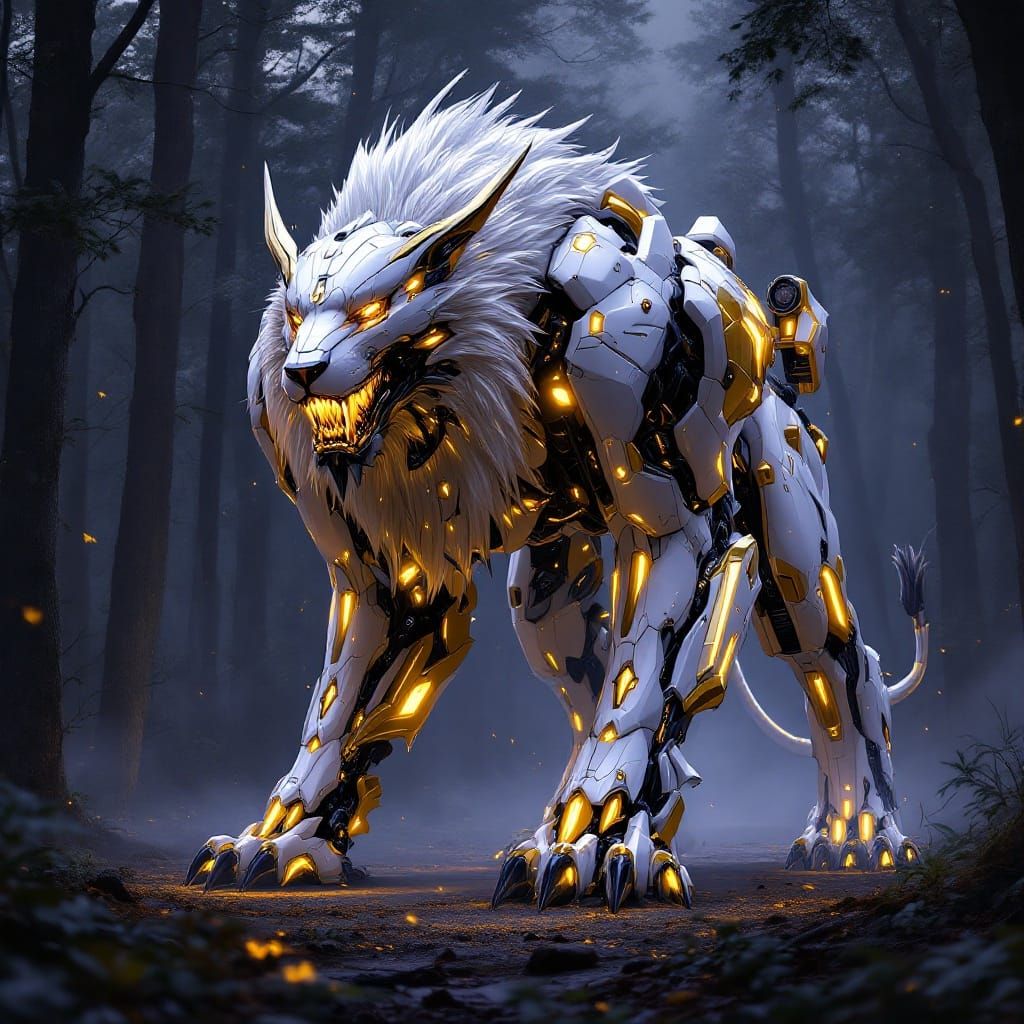 Mecha Lion in Forest, Dark Fantasy Concept Art - AI Art