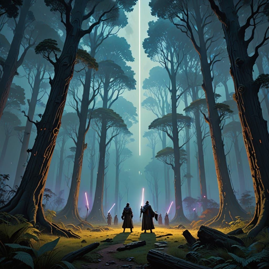 Jedi Circle Amidst Twisted Trees in Star Wars Conc... - AI Art
