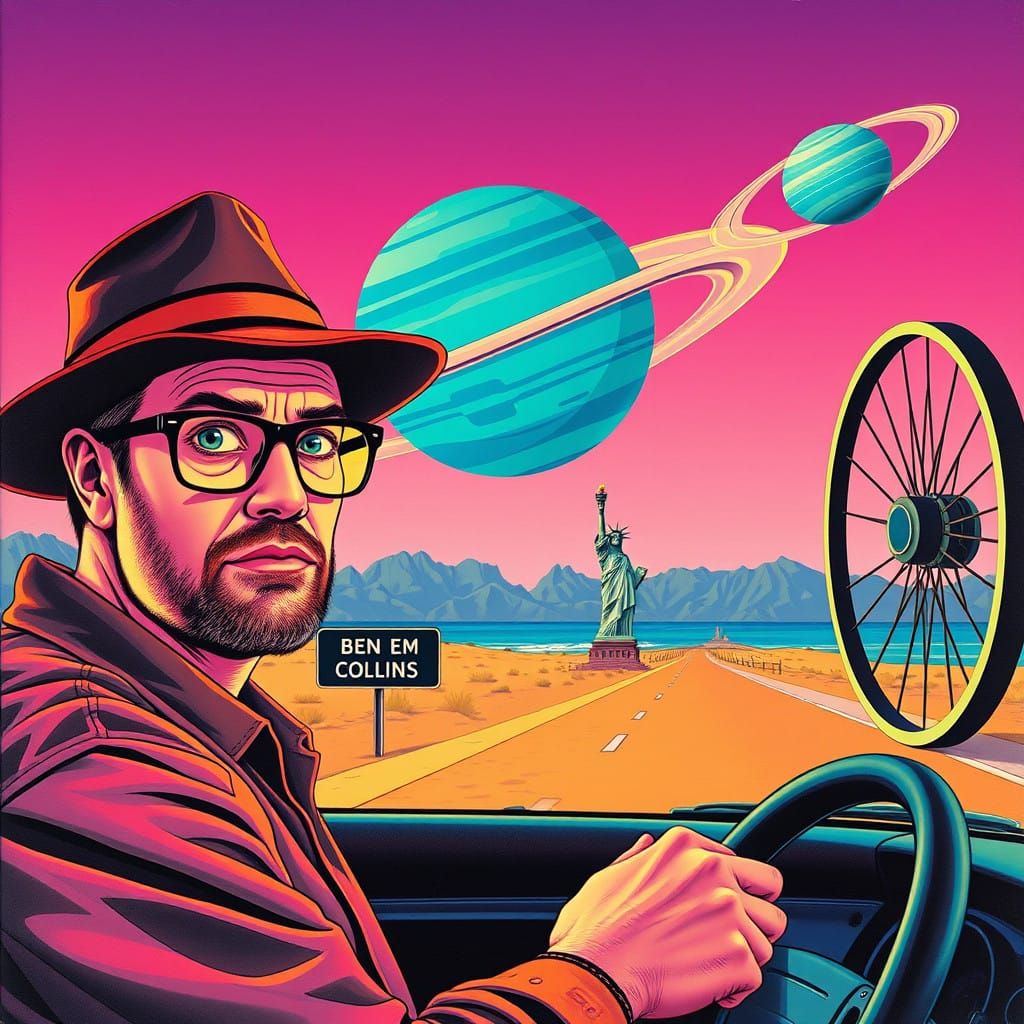 Vintage Psychedelic Highway Scene with Giant Blue ... - AI Art